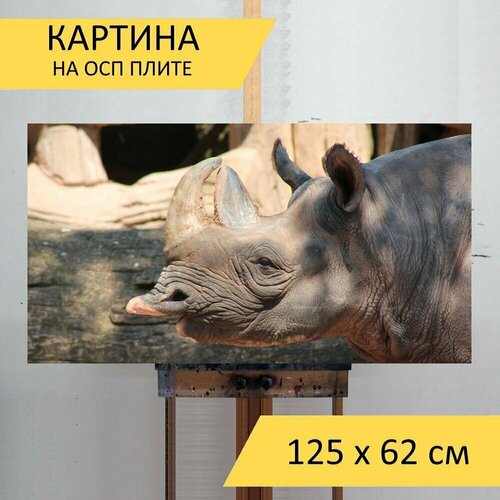 Картина на ОСП 125х62 см. "Черный носорог, носорог, африке" горизонтальная, для интерьера, с креплениями