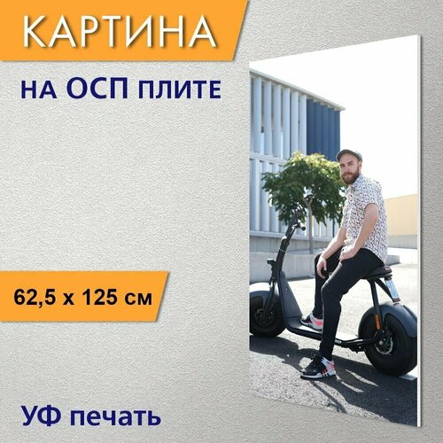 Вертикальная картина на ОСП "Мопед, скутер, велосипед" 62x125 см. для интерьериа