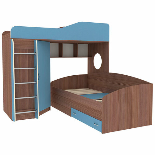 Кровать чердак Кадет 2 с металлической лестницей Бодего Темный - Светло Синий/Голубой