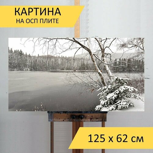 Картина на ОСП 125х62 см. "Пейзаж, зима, холодный" горизонтальная, для интерьера, с креплениями