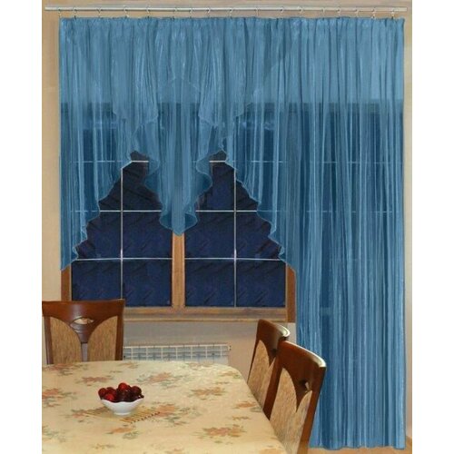 Тюль для окна с балконом на кухню и комнату на ленте ТРИО-1 цвет синий шир. 300 см выс. 240 см