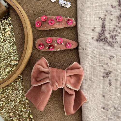 Заколки для волос для девочек детские в наборе Клик-Клак бархатные чайная роза
