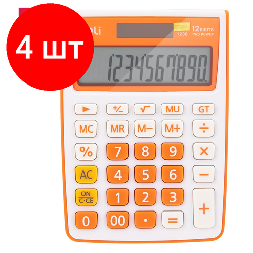 Комплект 4 штук, Калькулятор настольный комп. Deli E1238, 12-р, дв. пит, 145x105мм, оранжевый