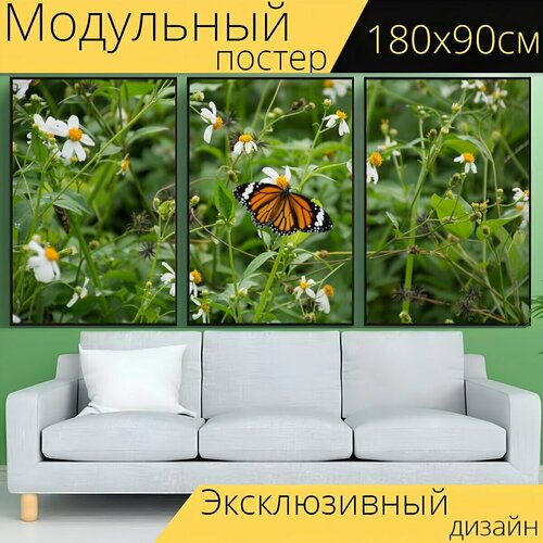 Модульный постер "Бабочка, цветок, боке" 180 x 90 см. для интерьера