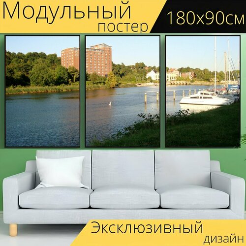 Модульный постер "Вода, лодка, река" 180 x 90 см. для интерьера