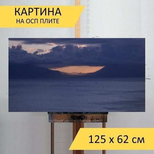 Картина на ОСП 125х62 см. "Заход солнца, облака, море" горизонтальная, для интерьера, с креплениями