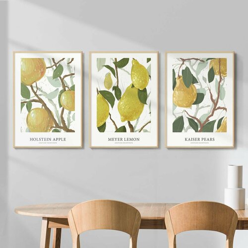 Постер 3 шт 30х40 без рамки "Груши, яблоки, лимоны" набор картин для интерьера