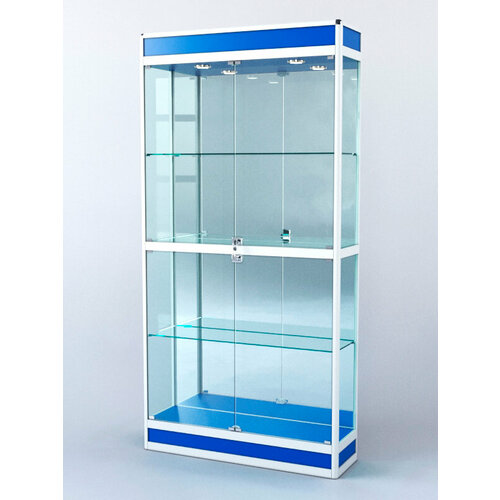 Витрина "прямоугольная" №3-300-3 (задняя стенка - зеркало), Делфт голубой + Белый 100 x 30 x 200 см (ДхШхВ)