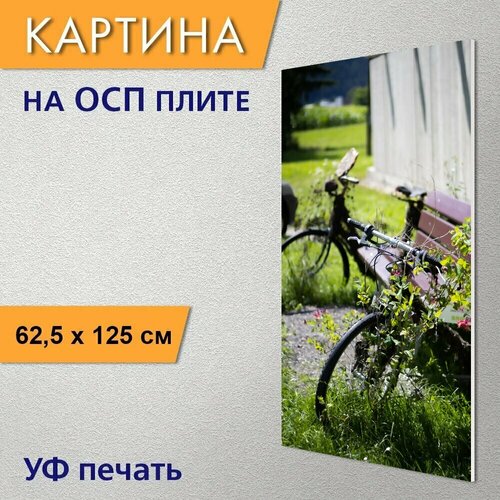 Вертикальная картина на ОСП "Велосипеды, ржавые велосипеды, скамейка" 62x125 см. для интерьериа