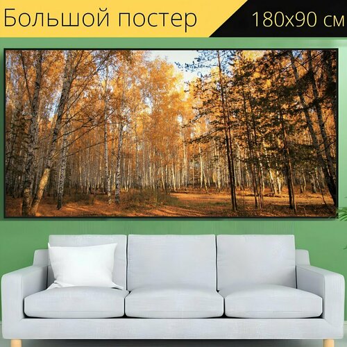 Большой постер "Осень, деревья, лес" 180 x 90 см. для интерьера