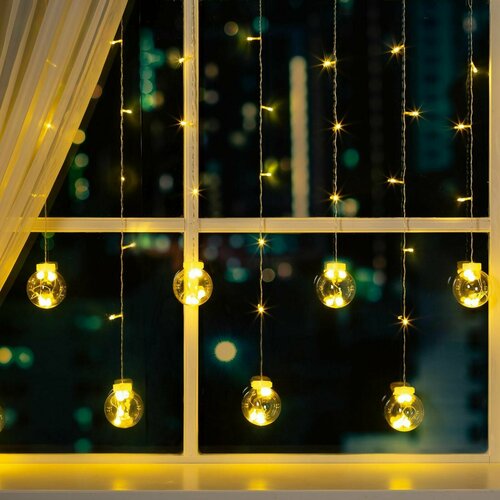 Светодиодная гирлянда-штора "Бахрома" с насадками "Шарики", электрогирлянда на окно и фасад дома, интерьерное украшение, праздничное освещение на Новый год, теплое белое свечение, прозрачная нить, 108 LED фонариков, 8 режимов, 2,4 х 0,7 м, IP20,220 В