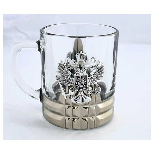 Кружка стеклянная с гербом России под серебро 250мл (9,5х8см)