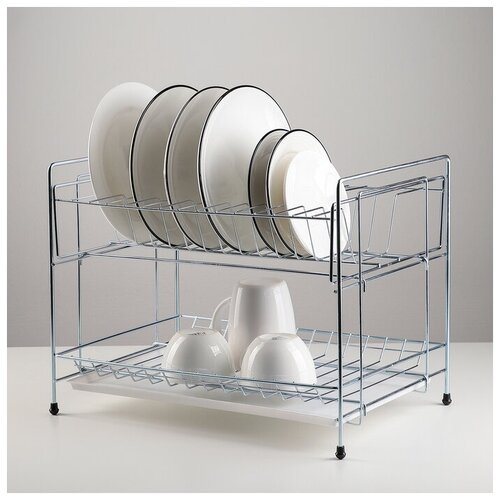 Сушилка для посуды с поддоном 2-х ярусная, разборная, 39×25,5×30 см, цинк, цвет серебристый