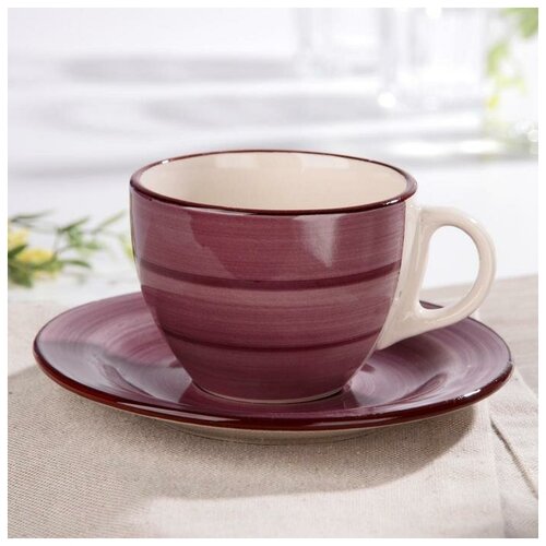 Доляна Чайная пара керамическая Доляна «Морской мир», чашка 200 мл, блюдце d=14,5 см, цвет бордовый
