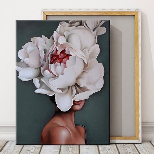 Картина на холсте 40х50 см "Девушка с пышным цветком Эми Джадд", Большая картина для интерьера на стену, на подрамнике