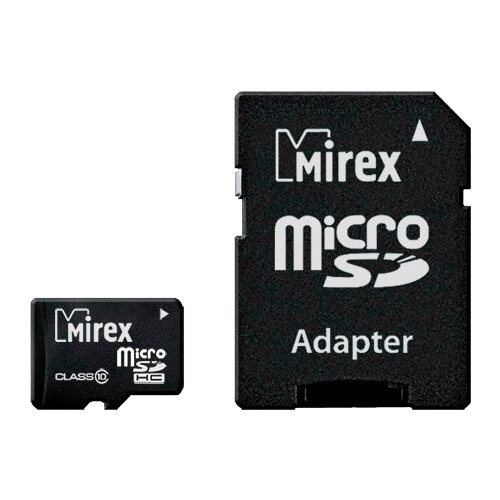 Карта памяти Mirex microSDHC 16 ГБ Class 10, V10, A1, R/W 25/10 МБ/с, адаптер на SD, 1 шт., черный