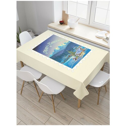 Прямоугольная водоотталкивающая скатерть на стол JoyArty с рисунком "Новогодняя открытка", 120x145 см
