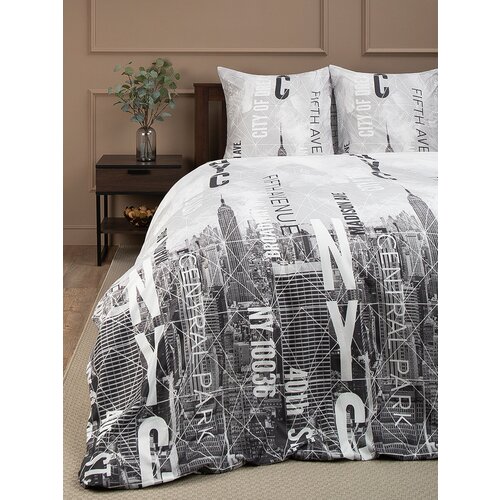 Постельное белье Amore Mio серия Макосатин NYC, 2 спальный комплект, микрофибра, серый, с рисунком город