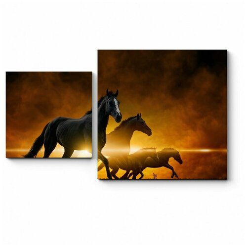 Модульная картина Бегущие лошади на фоне закатных облаков 90x54