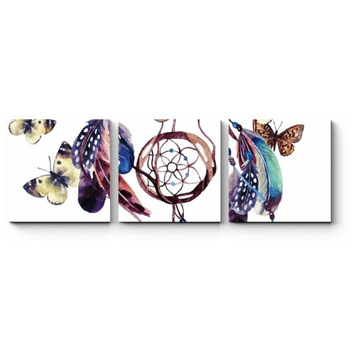 Модульная картина Ловец снов в окружении порхающих бабочек 200x67