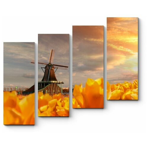 Модульная картина Ветряная мельница и желтые тюльпаны на закате 130x112