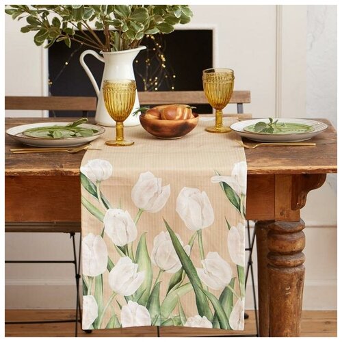 Этель Дорожка на стол "Этель" Белые тюльпаны 40х149см, 100% хл, саржа 190 г/м2