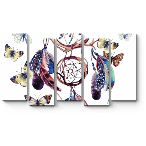 Модульная картина Ловец снов в окружении порхающих бабочек 130x75