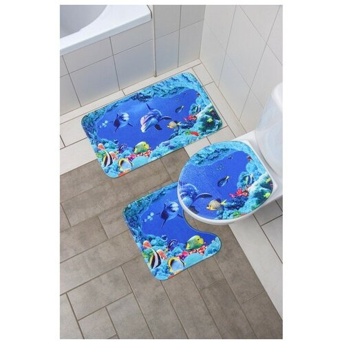Доляна Набор ковриков для ванной и туалета Доляна «Дельфин», 3 шт: 35×39, 40×50, 45×75 см