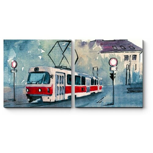 Модульная картина Акварельный трамвай90x45