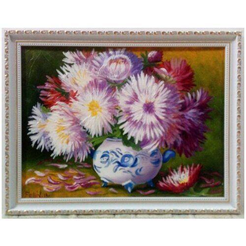 Картина рисованная маслом на оргалите Цветы, в багете 40*30/110 арт: 20190302_150003