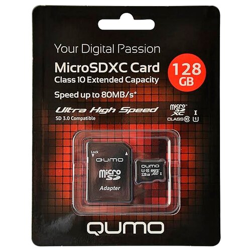 Карта памяти Qumo microSDXC 128 ГБ Class 10, V10, A1, UHS-I, R/W 90/20 МБ/с, адаптер на SD, 1 шт., черный