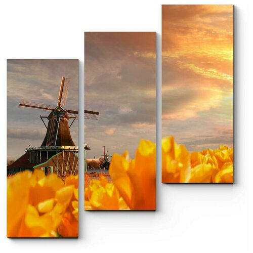 Модульная картина Ветряная мельница и желтые тюльпаны на закате 80x85