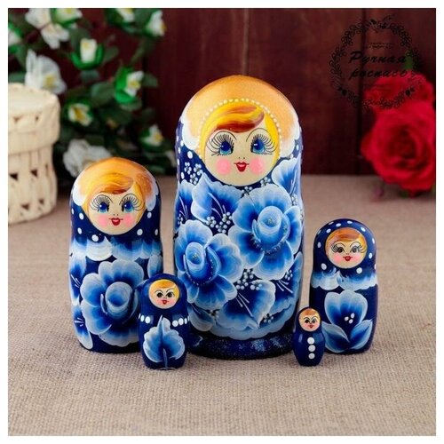 Матрёшка «Гжель», синее платье, 5 кукольная, 15 см 4066844