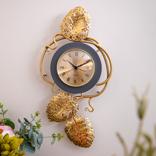 Часы настенные Bogacho Monstera Deliciosa mini серые с ковкой бронзового цвета
