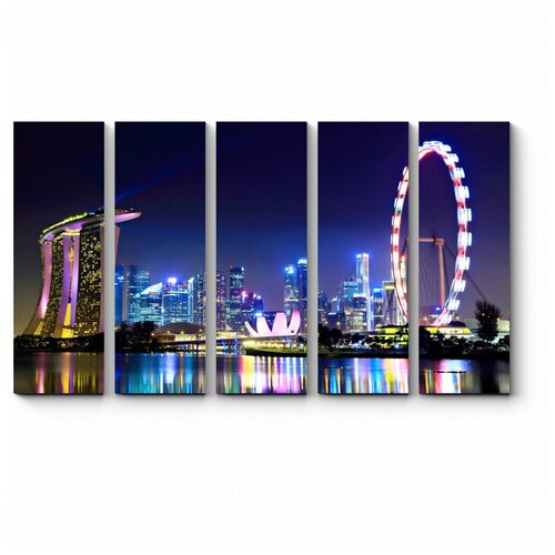 Модульная картина Огни ночного Сингапура в отражении Марина Бэй 110x66