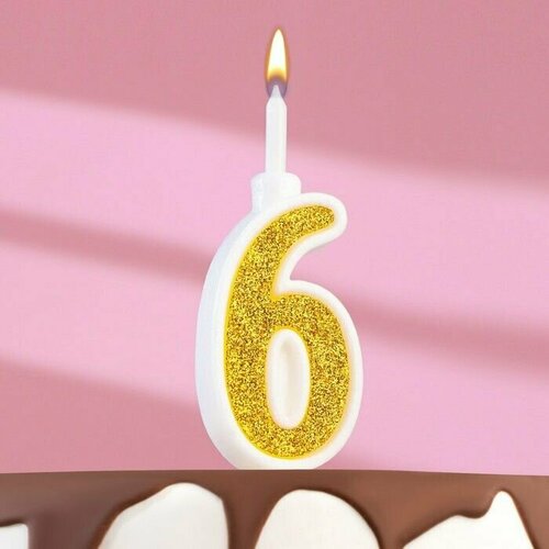 Свеча для торта Суперблеск , 10,4 см, цифра 6 , золотая блестка