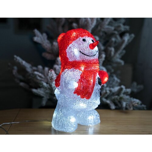 Светящаяся акриловая фигура снеговик В рукавичках, 24 холодных белых LED-огня, 29 см, таймер, батарейки, уличный, Kaemingk (Lumineo)