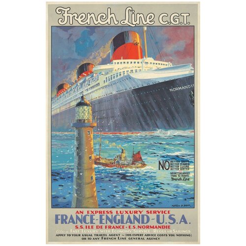 Постер / Плакат / Картина Корабли - Французская линия France - England - U.S.A 60х90 см в раме