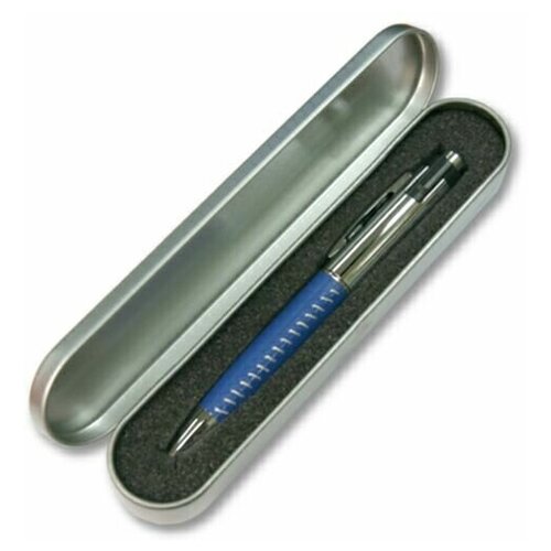 Подарочная флешка Ручка кожаная синяя 64GB в металлическом боксе