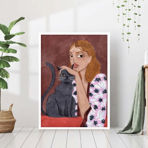 Постер "Брунна Манкузо девушка с кошкой" 40 на 50 в белой рамке / Картина для интерьера / Плакат / Постер на стену / Интерьерные картины