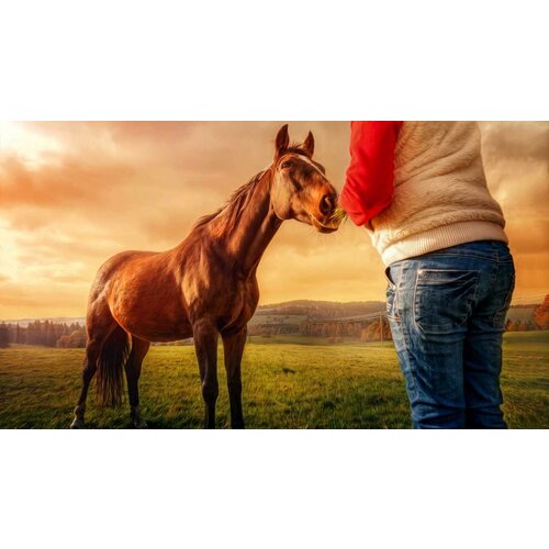 Картина на холсте 60x110 LinxOne "Девушка пейзаж лошадь обработка" интерьерная для дома / на стену / на кухню / с подрамником