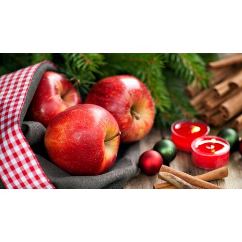 Картина на холсте 110x60 LinxOne "Яблоки зима ветки ёлка красные" интерьерная для дома / на стену / на кухню / с подрамником