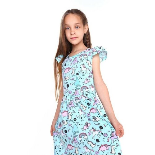 Платье для девочки, цвет голубой/зверюшки , рост 116-122 см