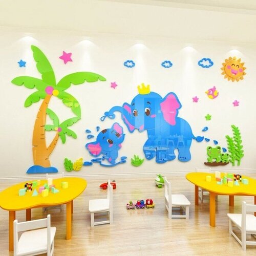 Наклейки интерьерные "Слонята", детские, декор на стену, панно 150 х 75 см