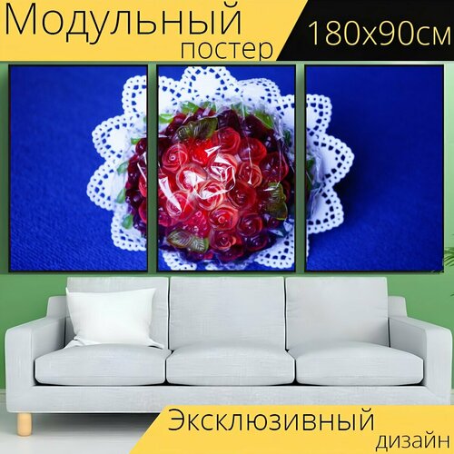 Модульный постер "Страус, букет цветов, розы" 180 x 90 см. для интерьера