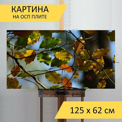 Картина на ОСП 125х62 см. "Листья, осень, осенние листья" горизонтальная, для интерьера, с креплениями