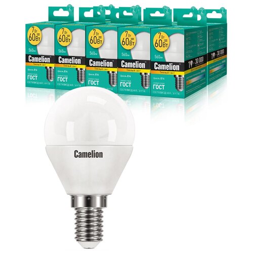 Упаковка светодиодных ламп 10 шт. Camelion 12069, E14, G45, 7 Вт, 3000 К