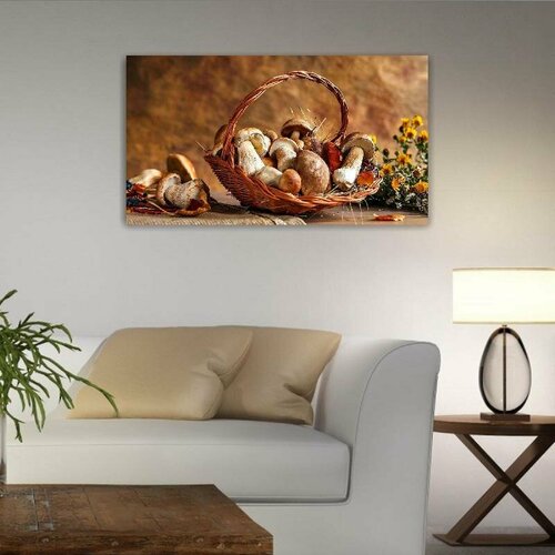 Картина на холсте 60x110 LinxOne "Корзина белый грибы природа" интерьерная для дома / на стену / на кухню / с подрамником