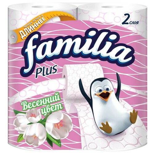 Туалетная бумага Familia Plus Весенний цвет двухслойная 4 рул., белый, цветочный