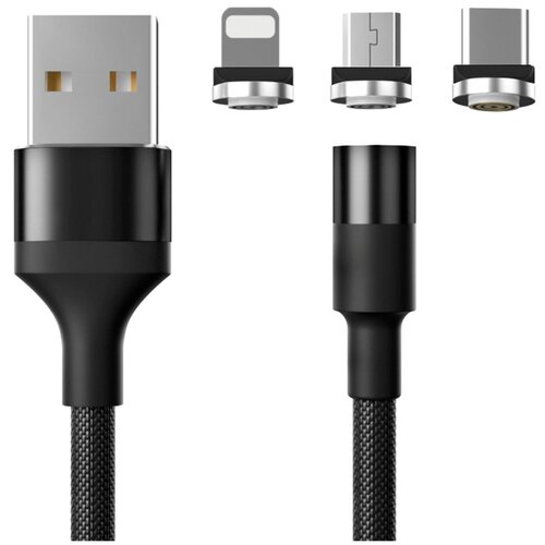 Магнитный кабель для зарядки телефонов 3 в 1, Micro-USB, Type-C, Lightning, Qualcomm 3.0/QC, 1,2 м, нейлоновая оплетка, алюминиевый корпус, черный